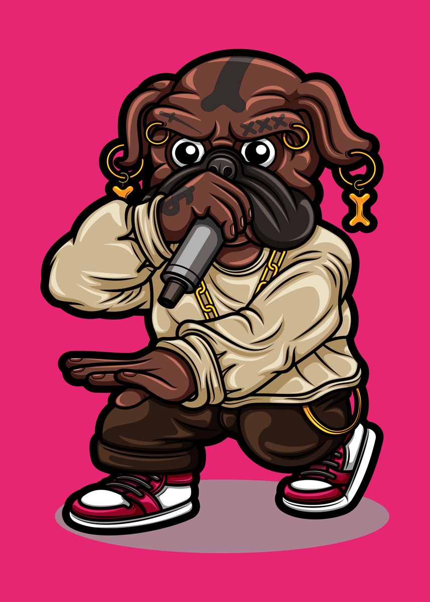'Cute pug dog singing rap' Poster, picture, metal print, paint by ...