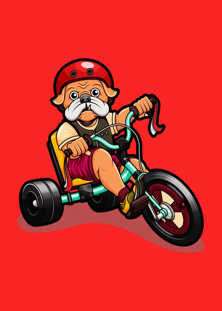 'pug dog riding a bike' Poster, picture, metal print, paint by ...