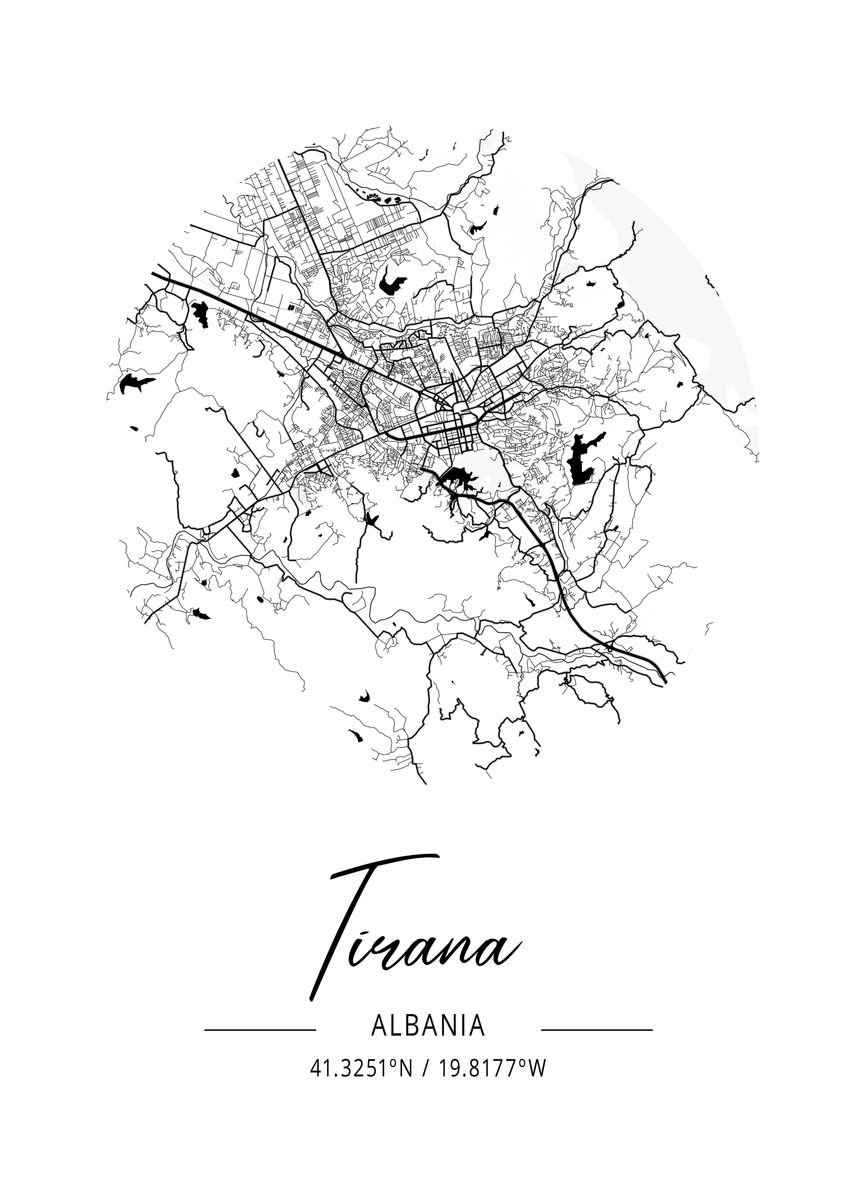 'Tirana City Map' Poster, picture, metal print, paint by Nae | Displate