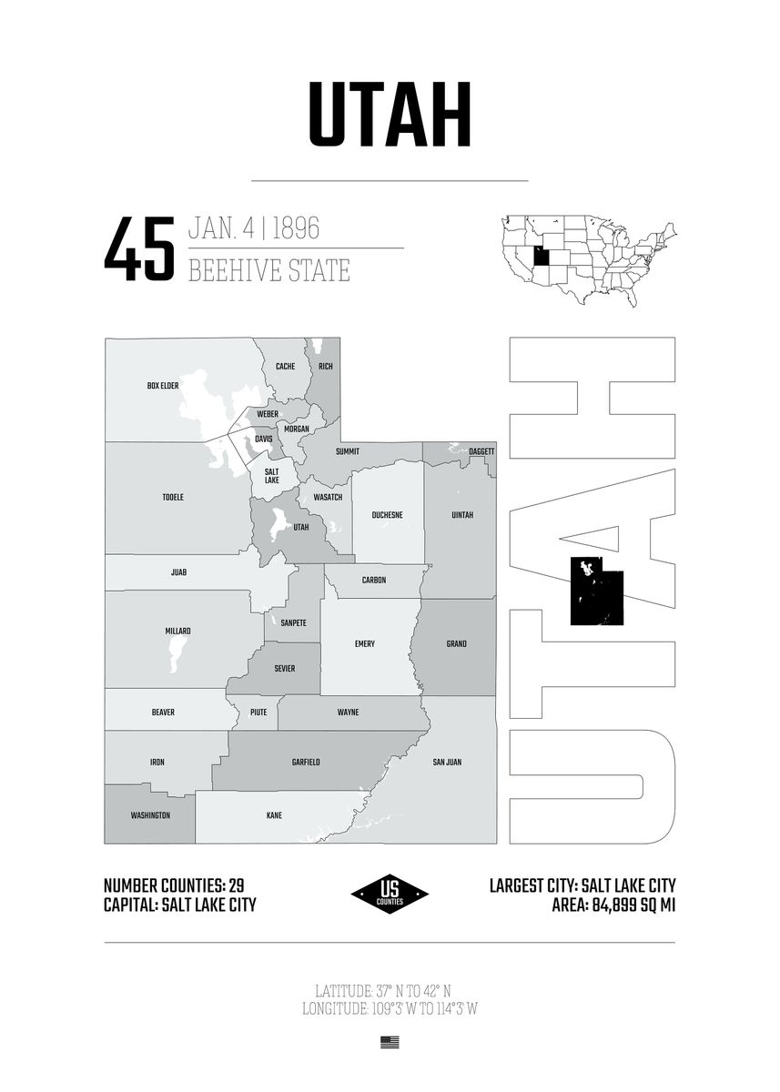 'Utah usa state map' Poster, picture, metal print, paint by Designersen ...