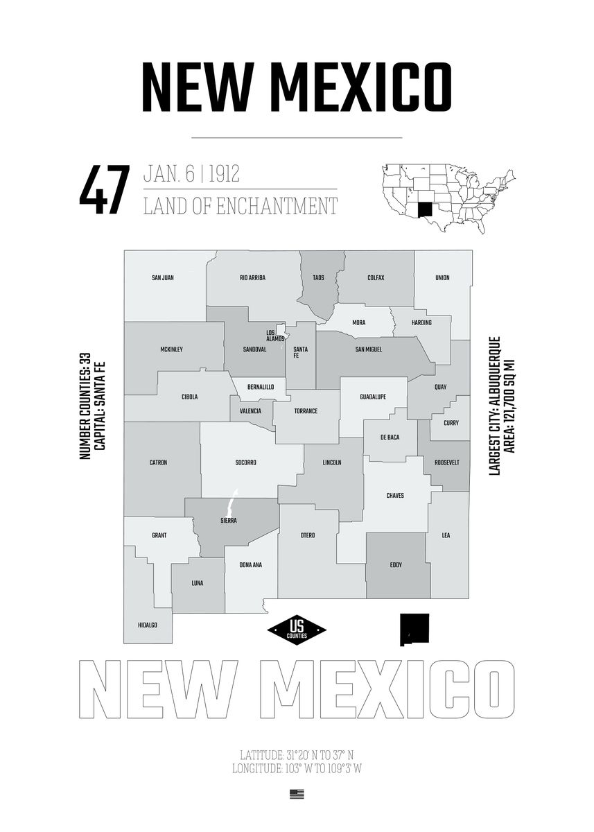 'New mexico usa state map' Poster, picture, metal print, paint by ...