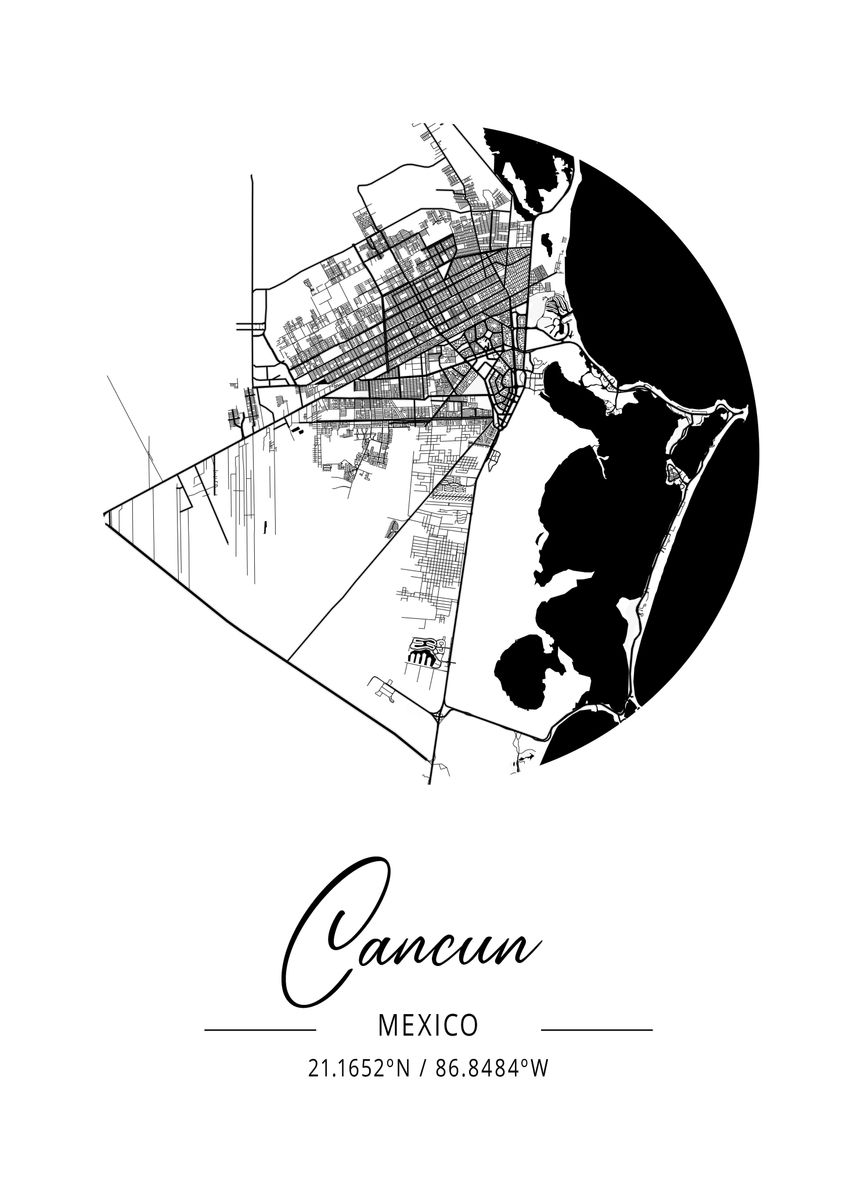 'Cancun City Map' Poster, picture, metal print, paint by Nae | Displate
