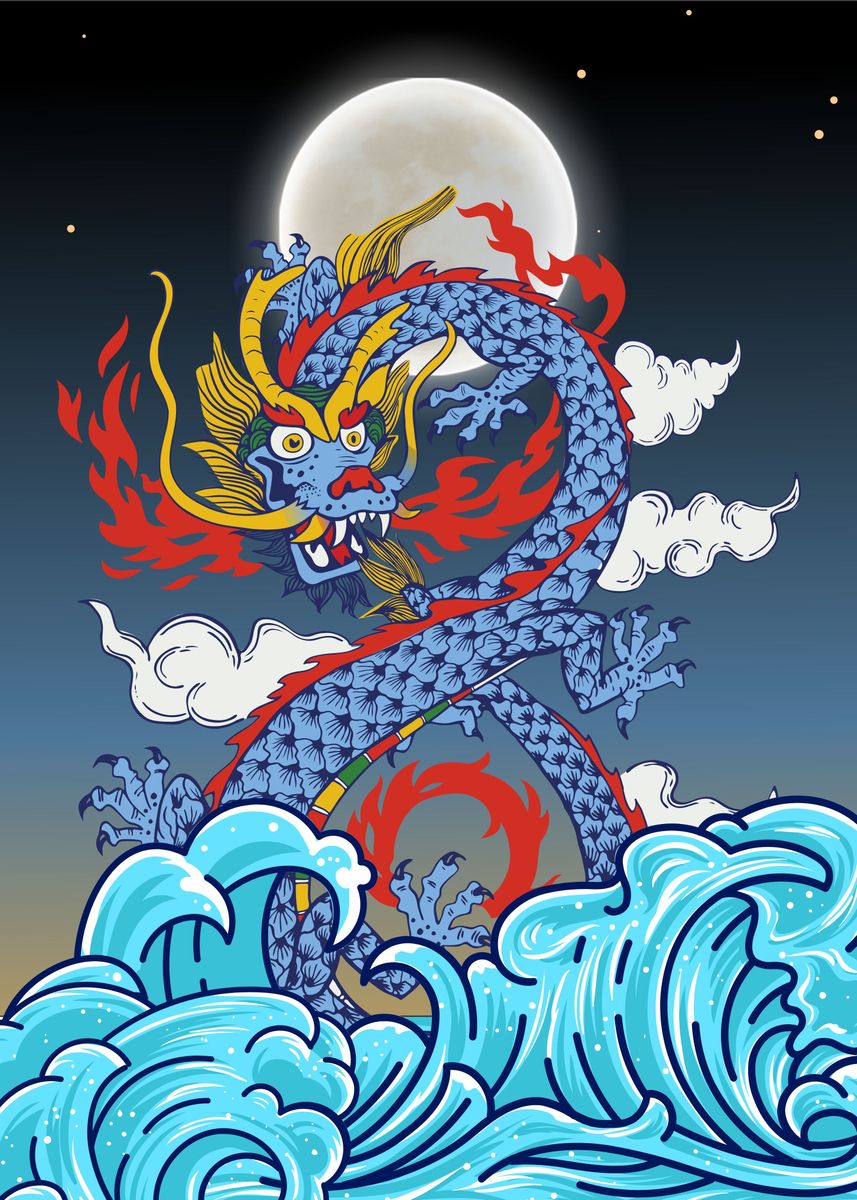 'Japanese Art Dragon in Sea' Poster, picture, metal print, paint by ...
