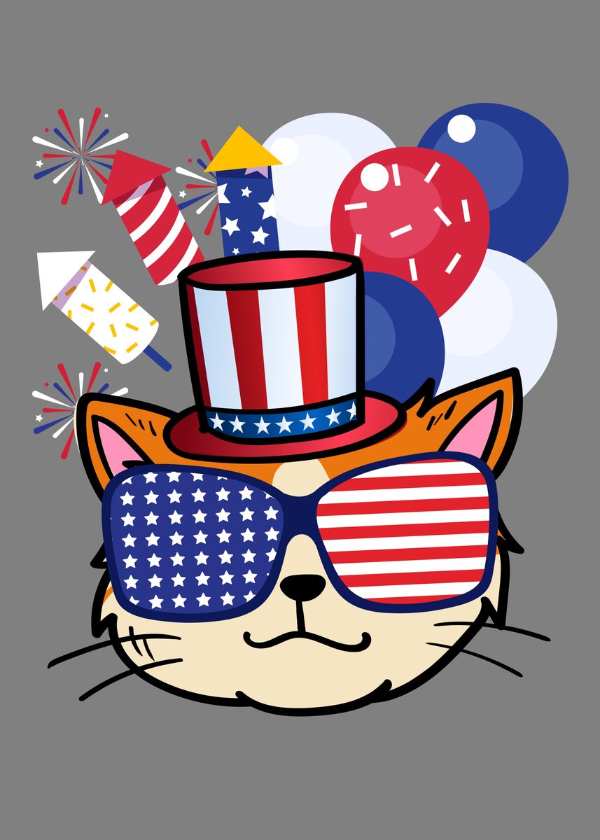 '4th of July Party Cat' Poster, picture, metal print, paint by ...