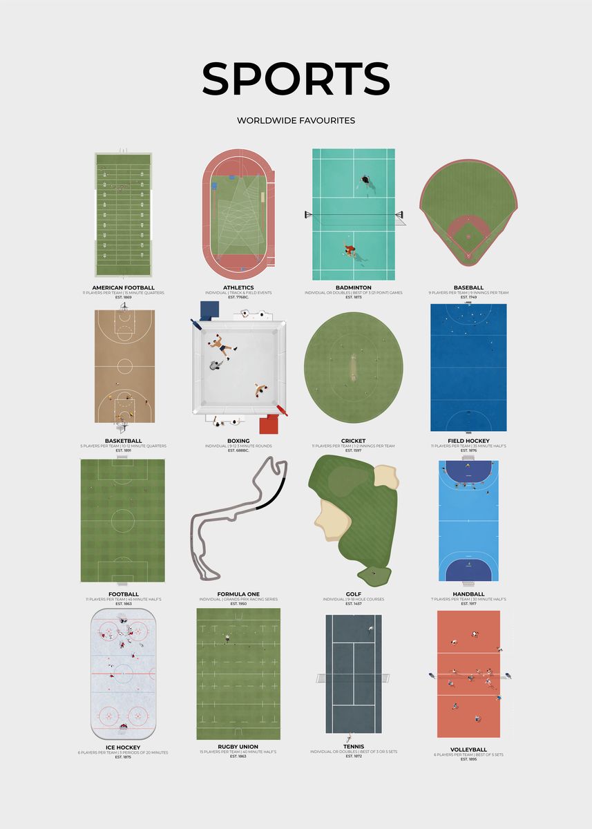 'Sports Courts Chart' Poster, picture, metal print, paint by aio | Displate