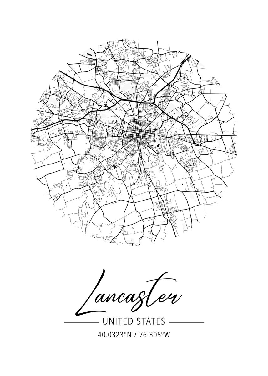 'Lancaster City Map' Poster, picture, metal print, paint by Nae | Displate