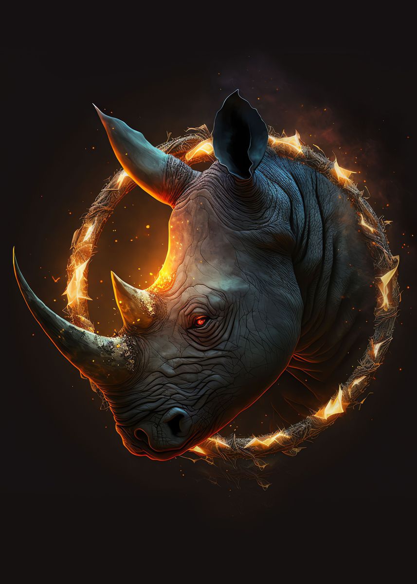 'Fire Rhinoceros Head' Poster, picture, metal print, paint by ...