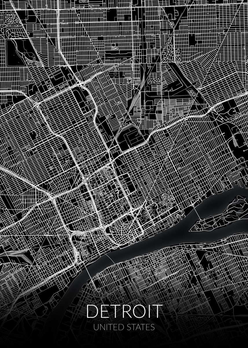 'Detroit Map Black' Poster, picture, metal print, paint by dkDesign ...