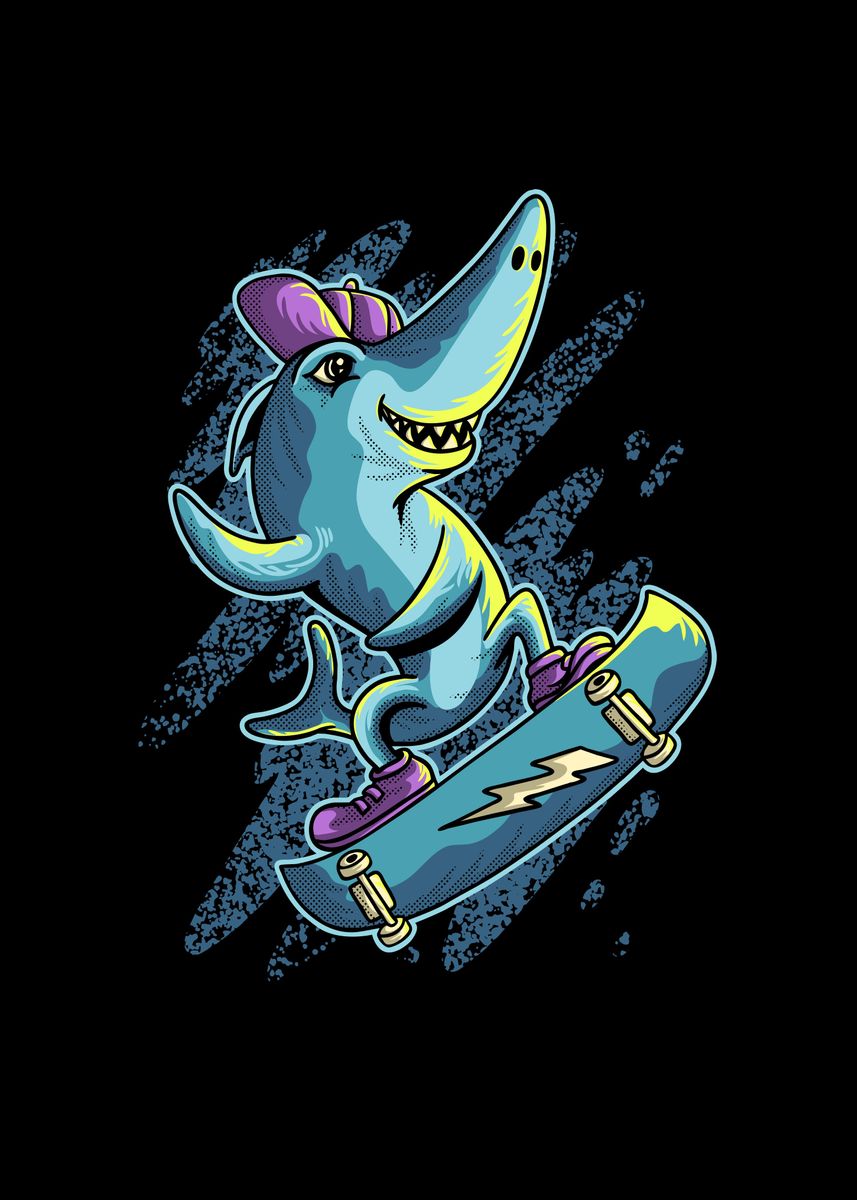 'Shark playing skateboard' Poster, picture, metal print, paint by Tran ...
