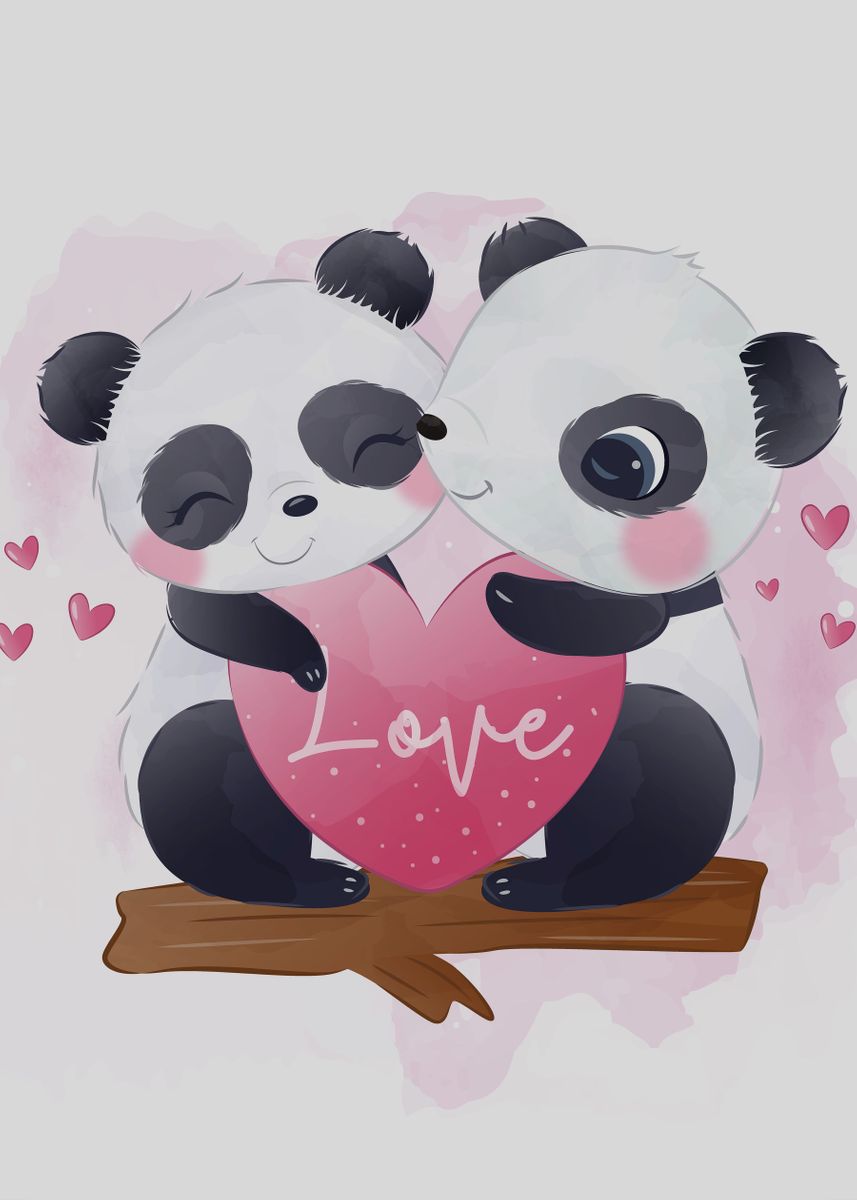 'Pandas with heart' Poster, picture, metal print, paint by Queensy ...