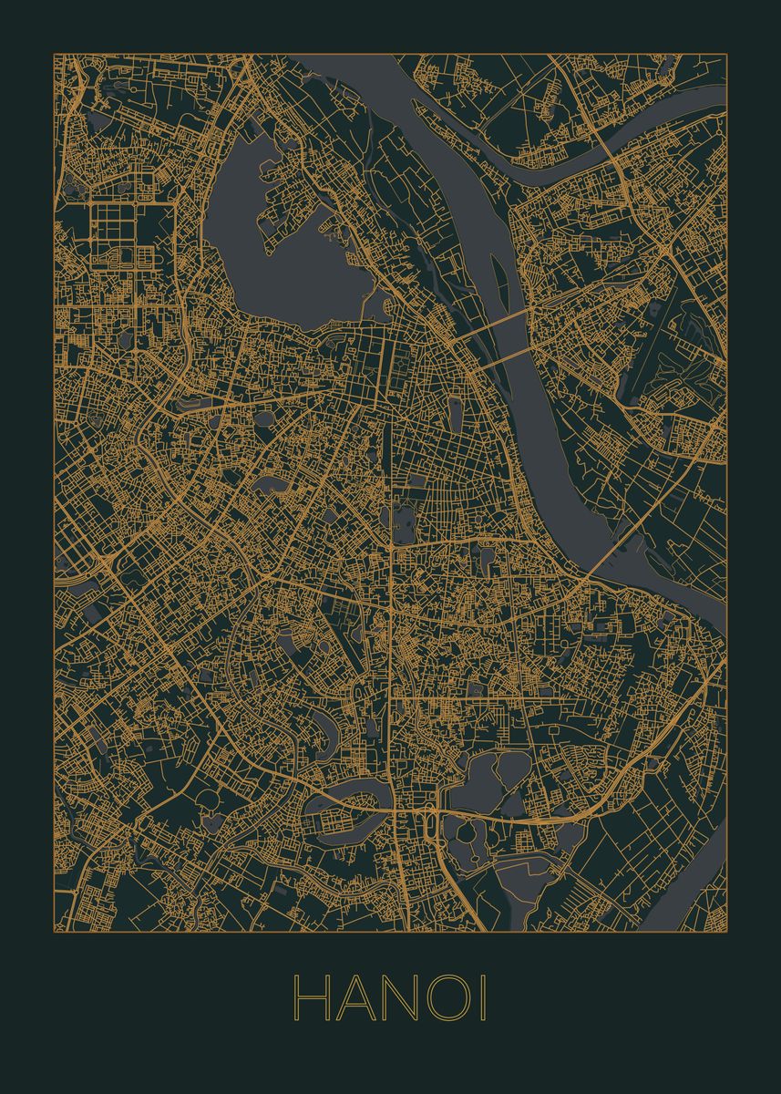 'Hanoi Gray Orange Map' Poster, picture, metal print, paint by dkDesign ...
