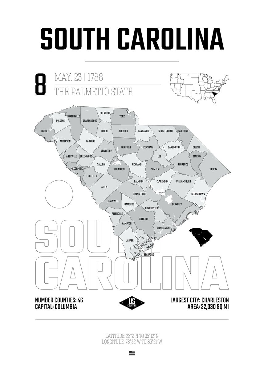 'South Carolina USA map' Poster, picture, metal print, paint by ...