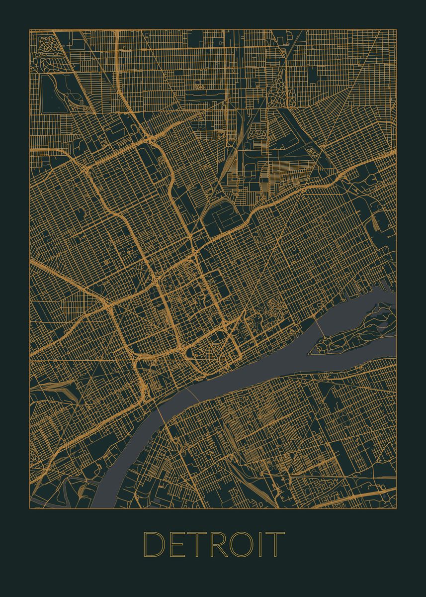 'Detroit Gray Orange Map' Poster, picture, metal print, paint by ...