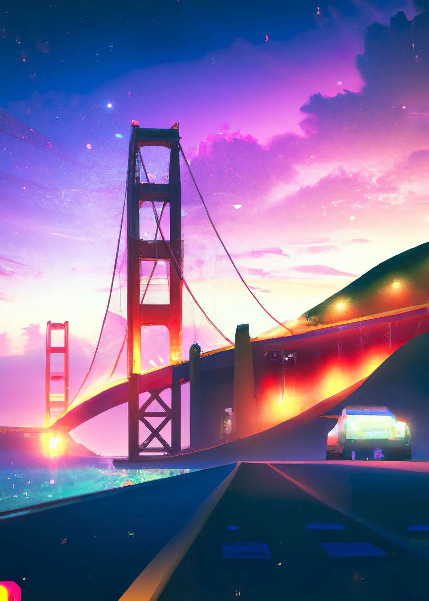 'Golden Gate Synth' Poster, picture, metal print, paint by MoCreates ...