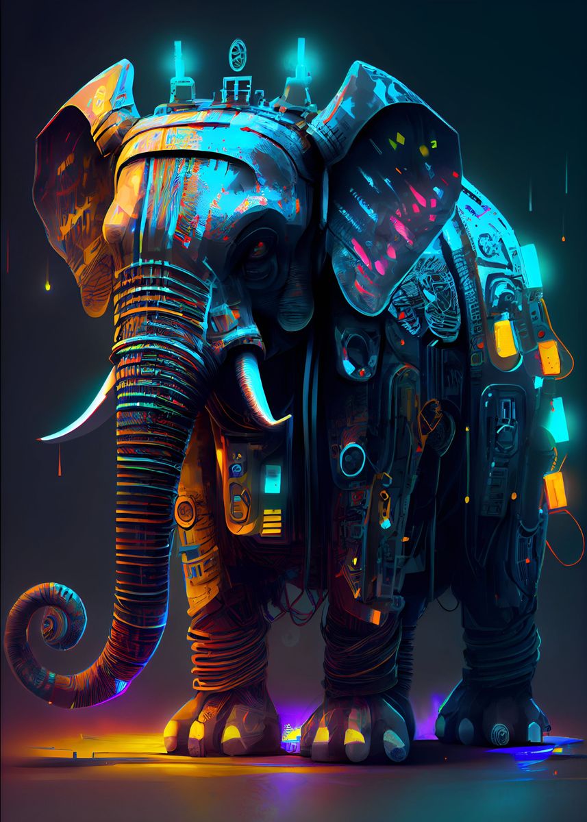 'elephant neon cyber' Poster, picture, metal print, paint by sinnois ...