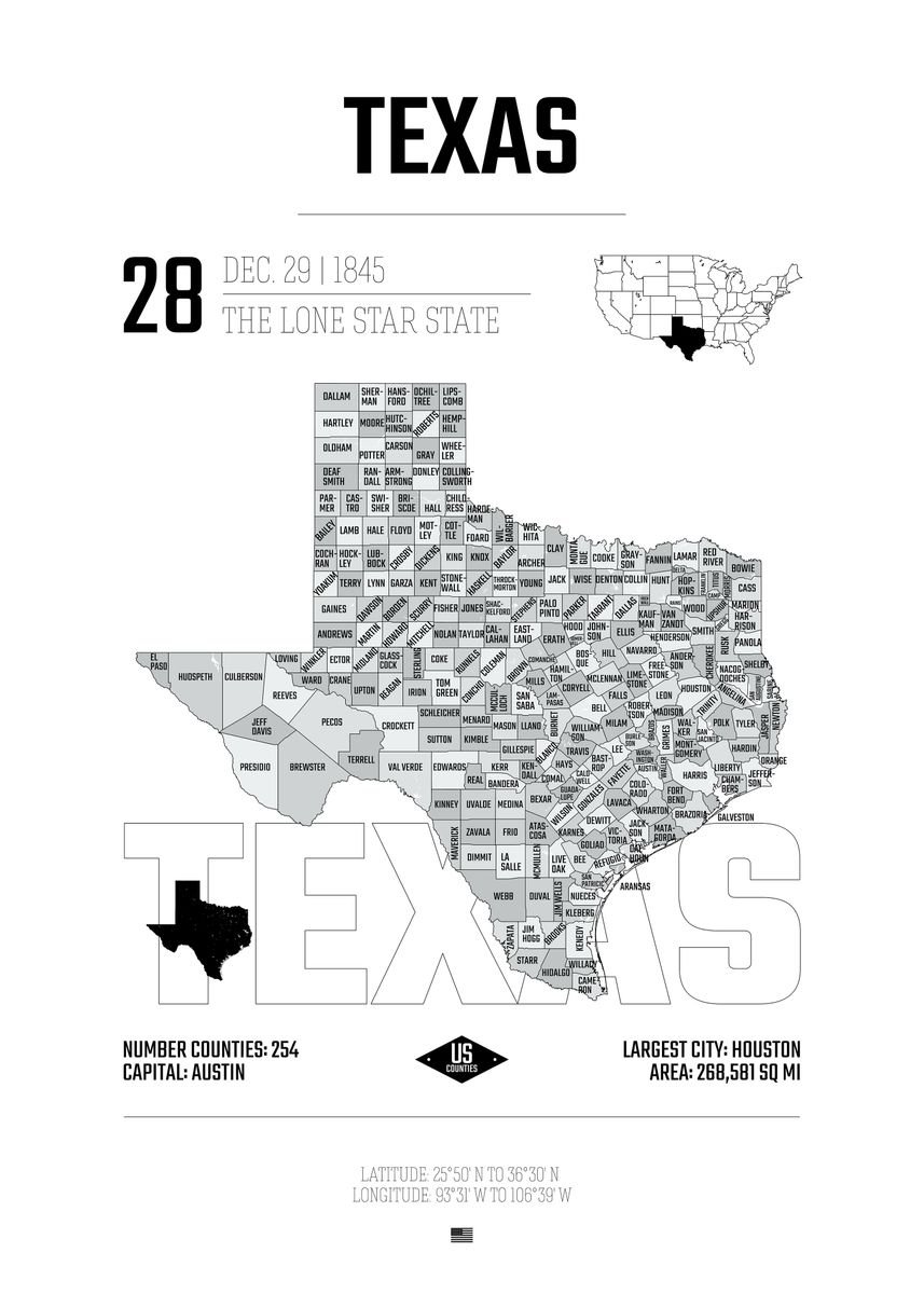 'Texas USA state map' Poster, picture, metal print, paint by ...