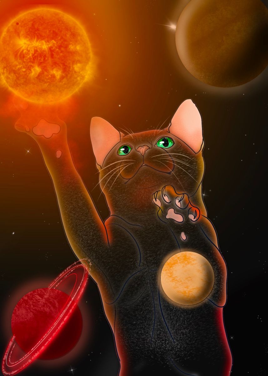 'Cat who plays with planets' Poster, picture, metal print, paint by ...