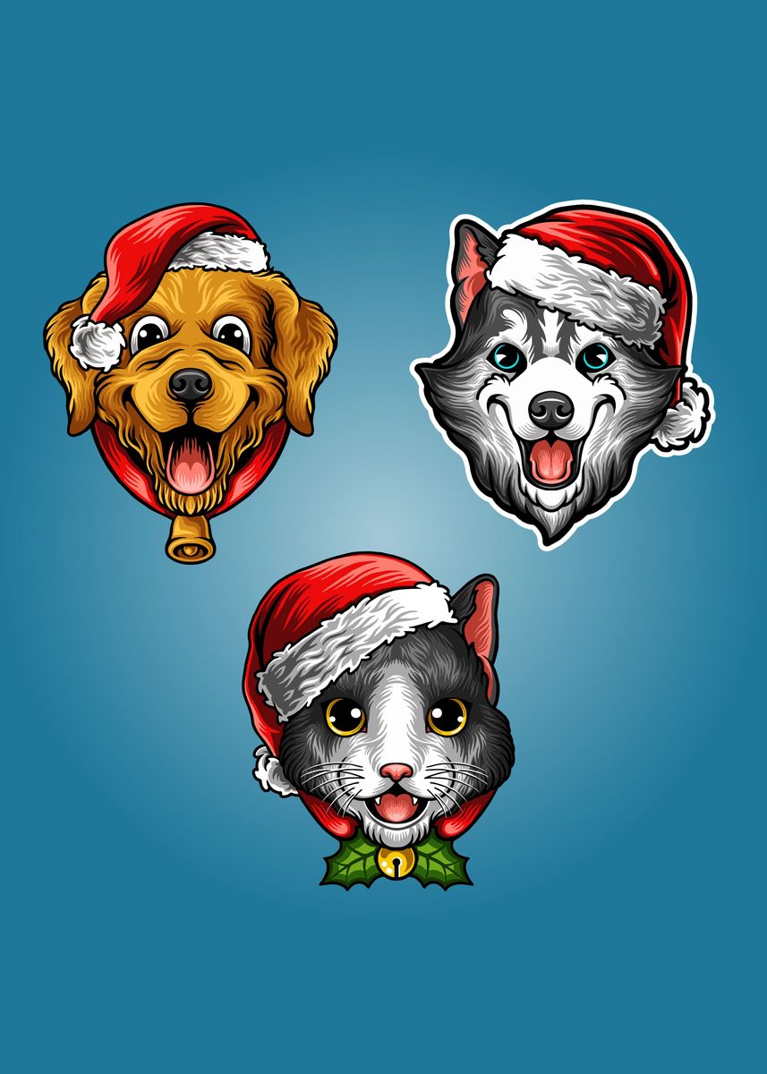 'Christmas cute pets' Poster, picture, metal print, paint by ...