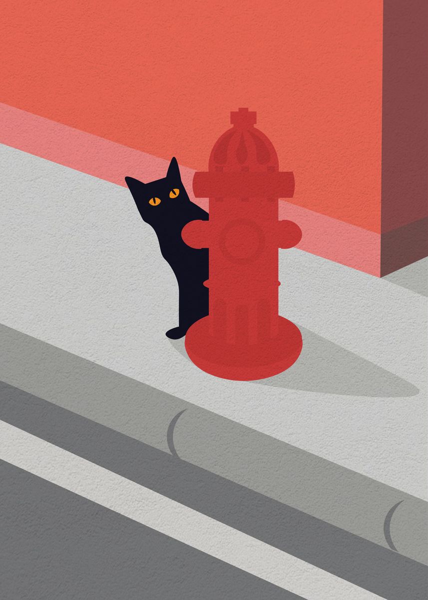 'Cat Behind a Hydrant' Poster, picture, metal print, paint by Ricky ...