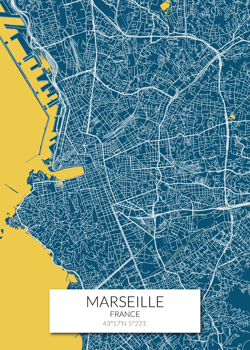 'Marseille Map Blue Yellow' Poster, picture, metal print, paint by ...