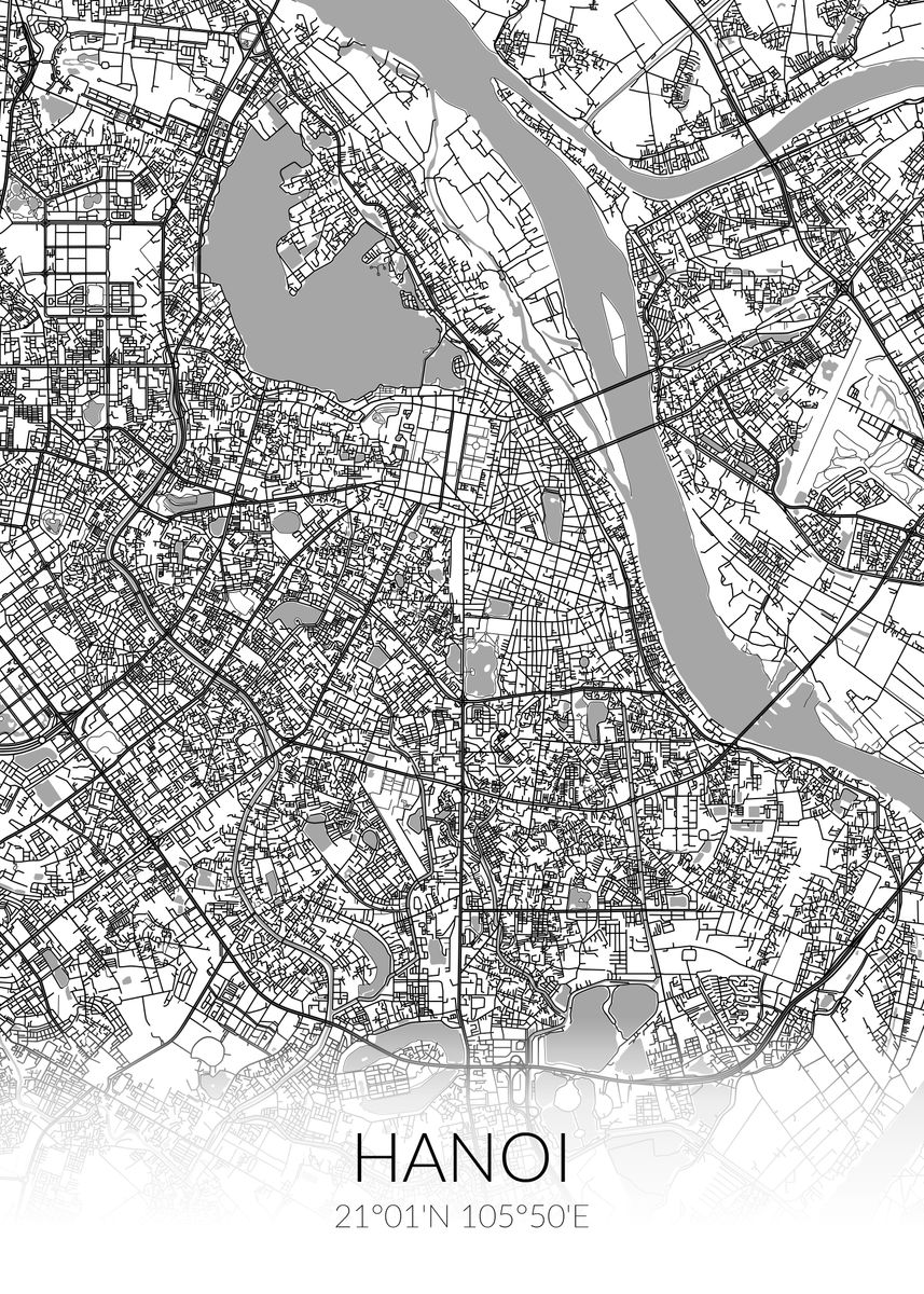 'Hanoi White Black Map' Poster, picture, metal print, paint by dkDesign ...