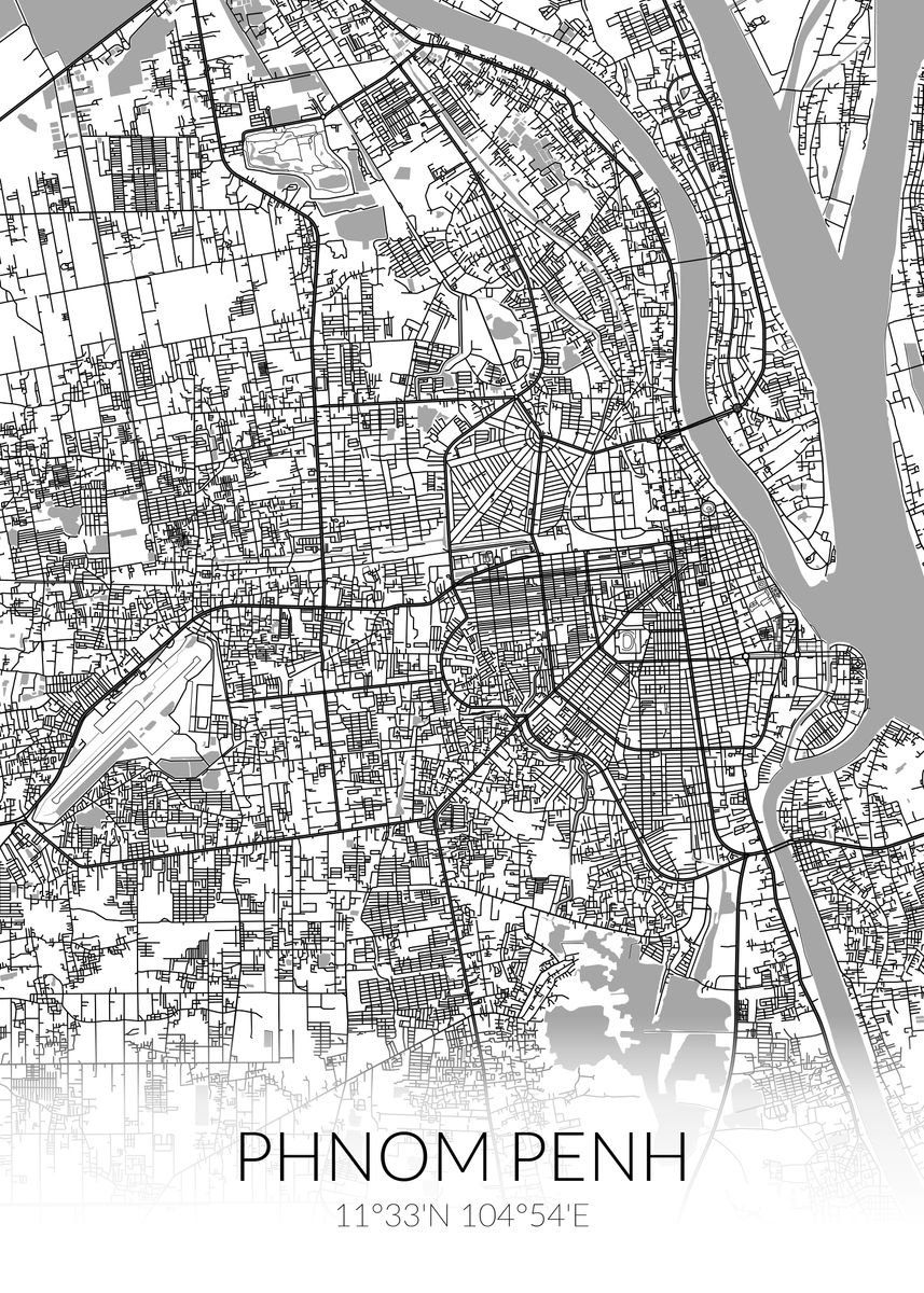 'Phnom Penh White Black Map' Poster, picture, metal print, paint by ...