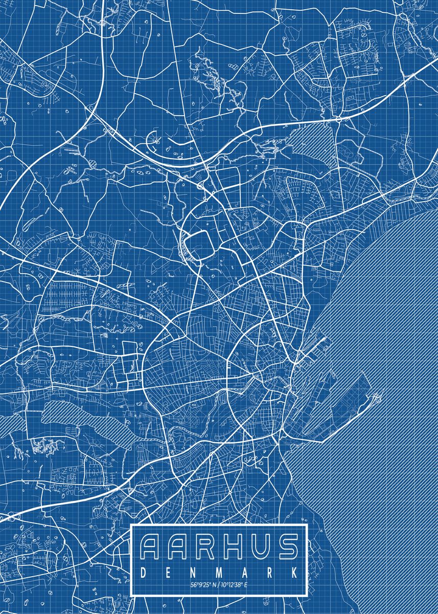 'Aarhus City Map Blueprint' Poster, picture, metal print, paint by ...
