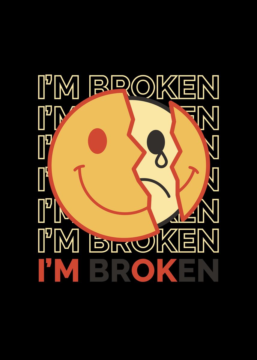'Broken happy face emoji' Poster, picture, metal print, paint by ...