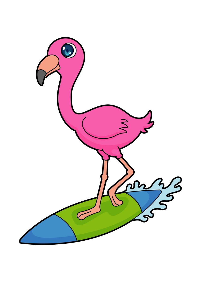'Flamingo Surfer Surfboard' Poster, picture, metal print, paint by ...