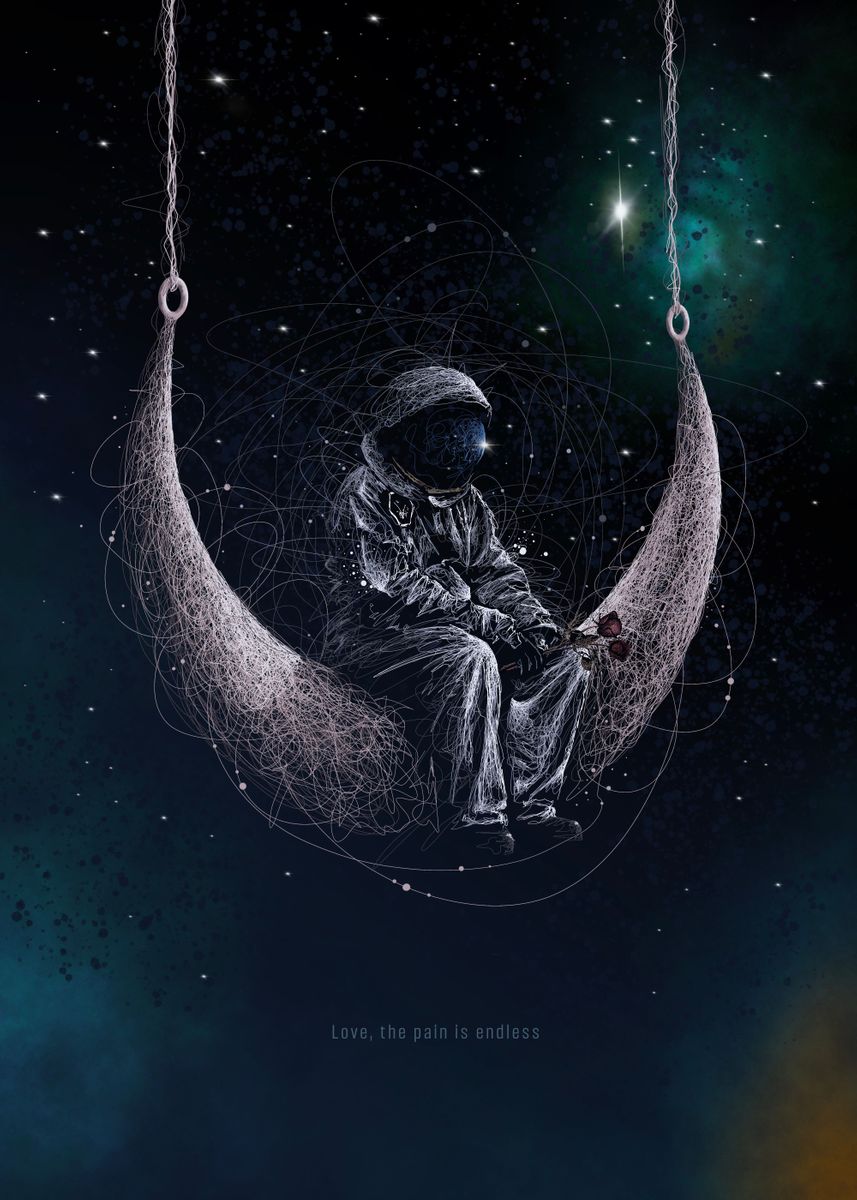 'sad astronaut swing moon' Poster, picture, metal print, paint by yunur ...