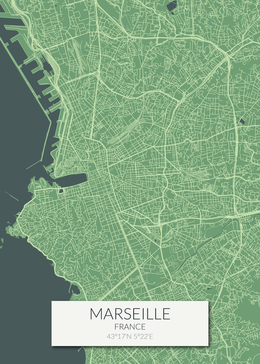 'Marseille Green Map' Poster, picture, metal print, paint by dkDesign | Displate