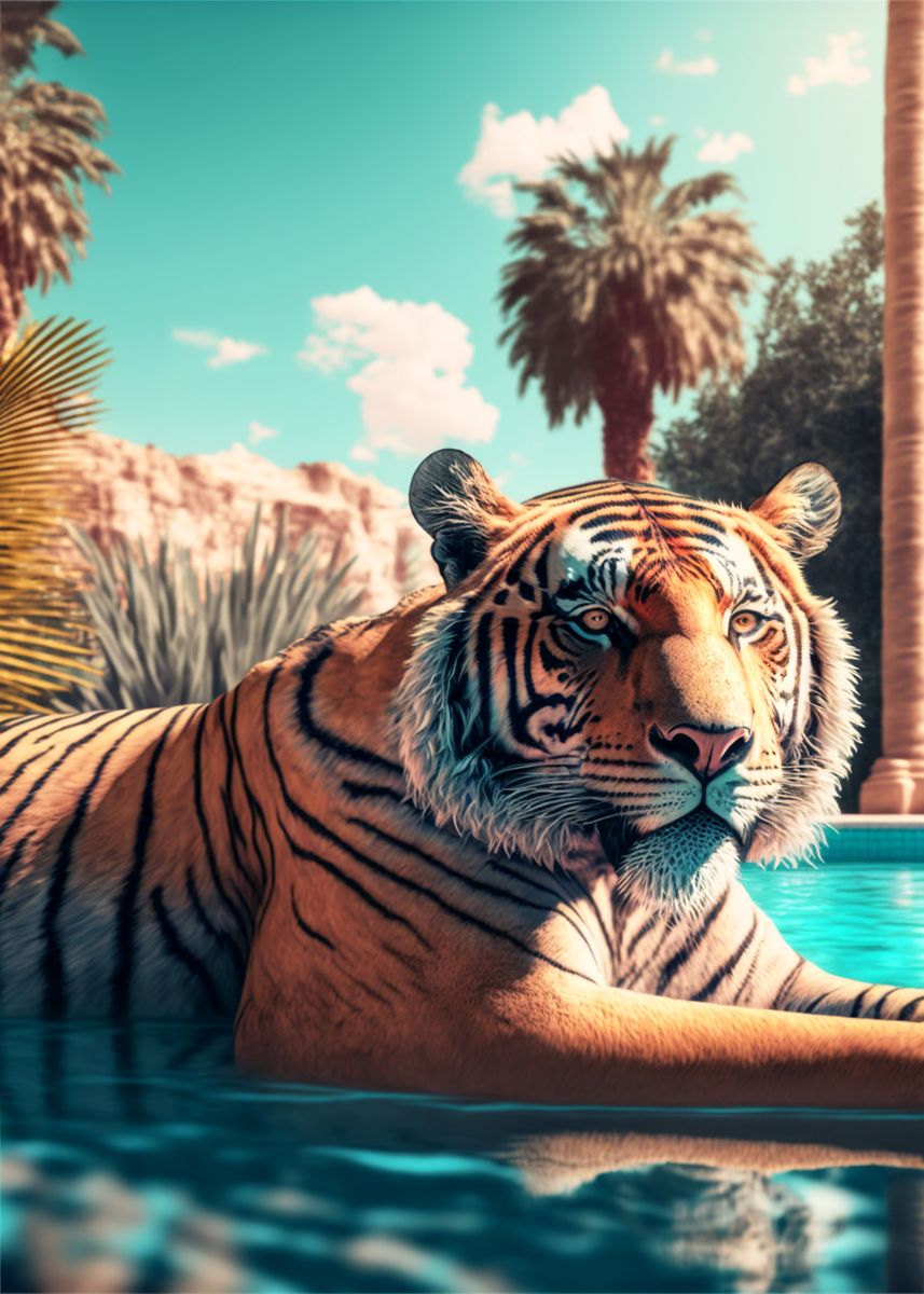 'Tiger in Swim pool ' Poster, picture, metal print, paint by ...