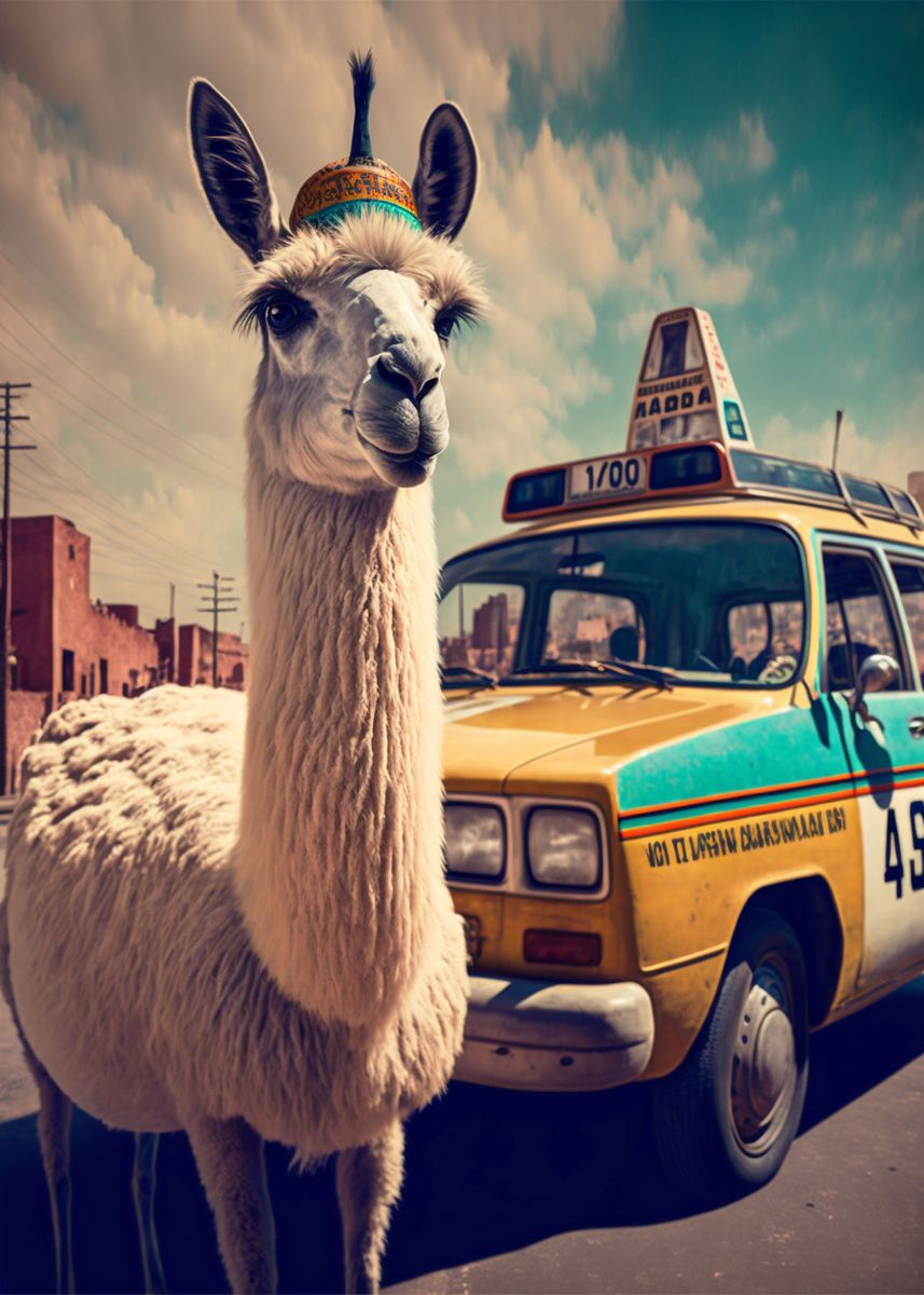'Lama Taxi Driver' Poster, picture, metal print, paint by Monika Bürger ...