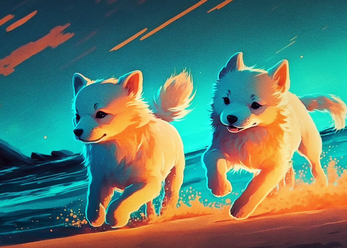 'Dogs Playing on the beach' Poster by Coffee Design | Displate