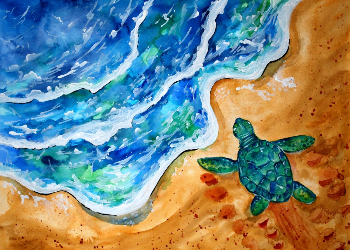 'Baby Turtle at the Beach' Poster by Sebastian Grafmann | Displate