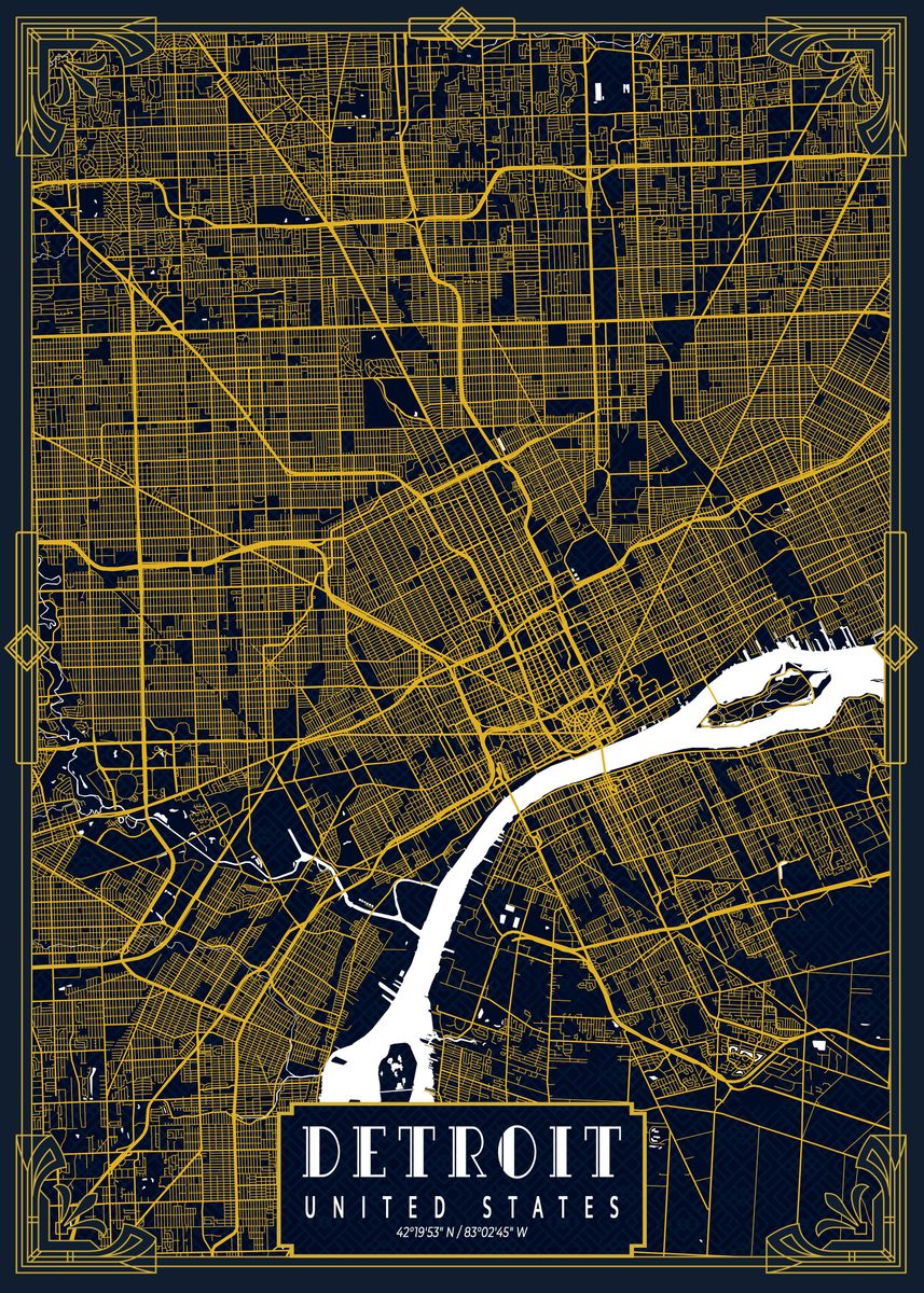 'Detroit City Map Gold' Poster, picture, metal print, paint by deMAP ...