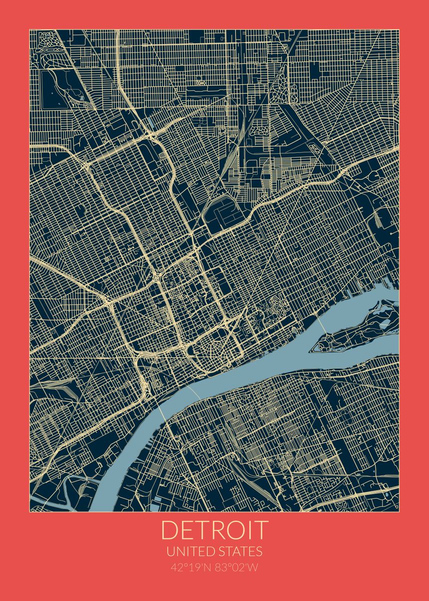 'Detroit Map Red Blue' Poster, picture, metal print, paint by dkDesign ...