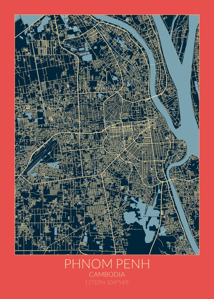 'Phnom Penh Map Red Blue' Poster, picture, metal print, paint by ...