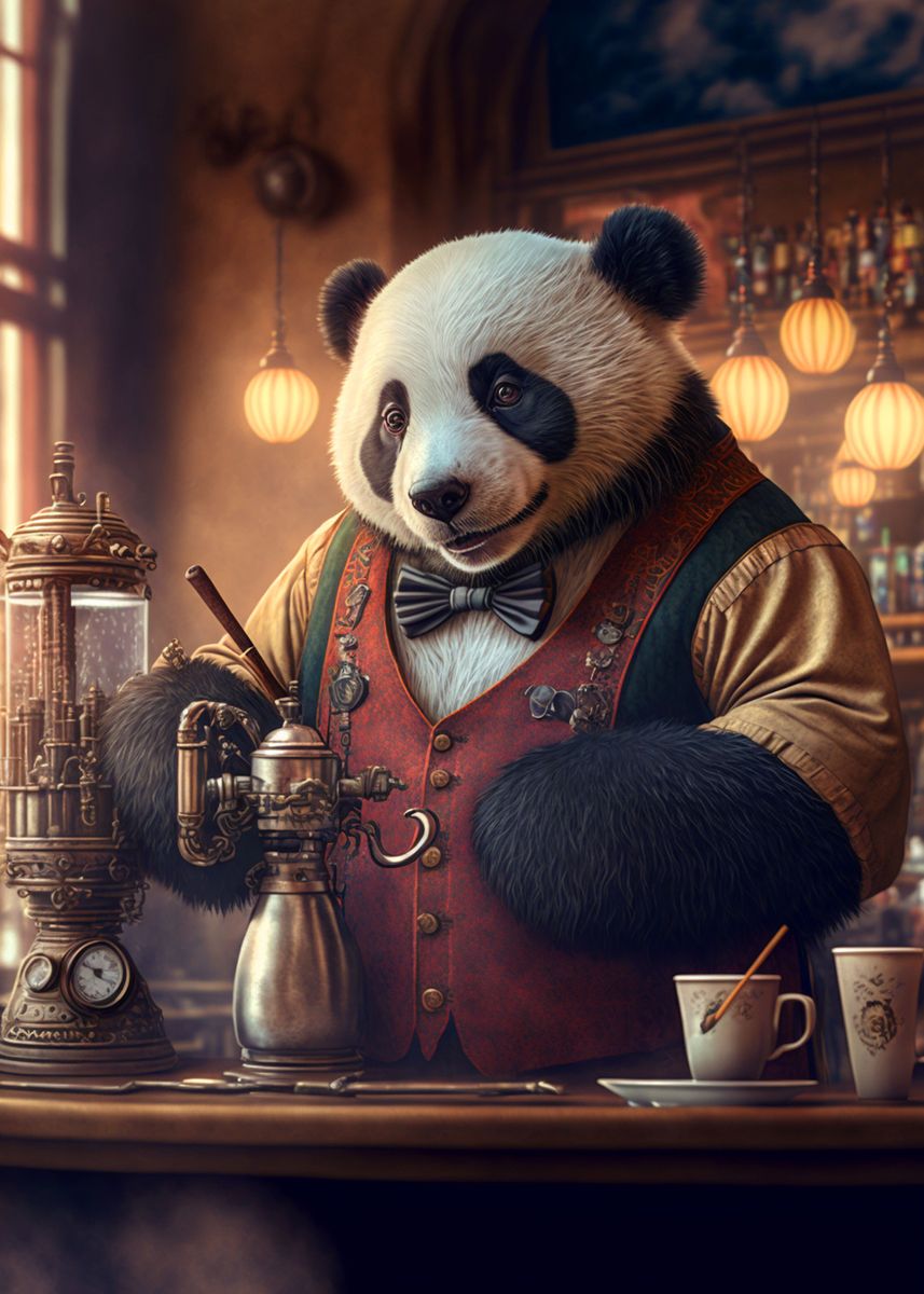'Panda Coffee Shop Barman' Poster, picture, metal print, paint by ...