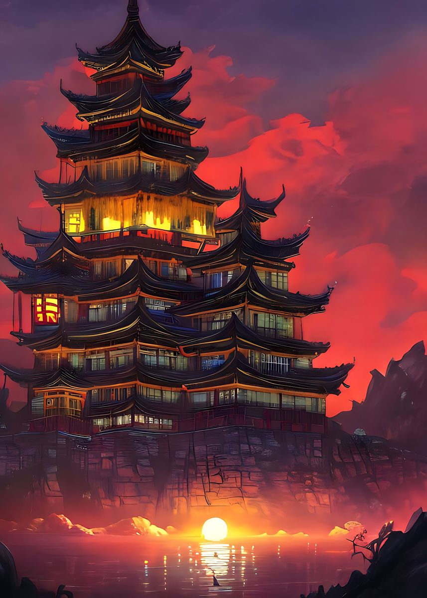 'Warm Fire Chinese Castle' Poster, picture, metal print, paint by Alex ...
