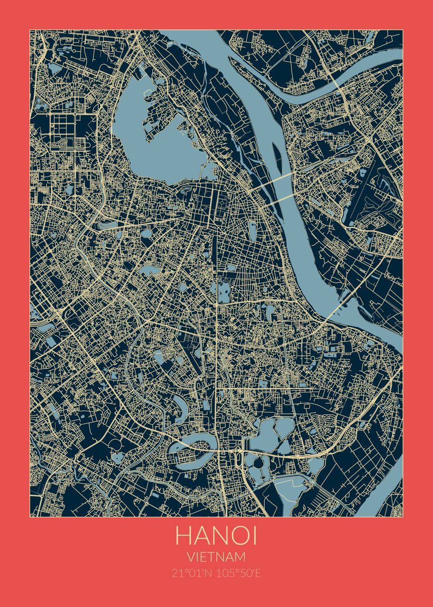 'Hanoi Map Red Blue' Poster, picture, metal print, paint by dkDesign ...