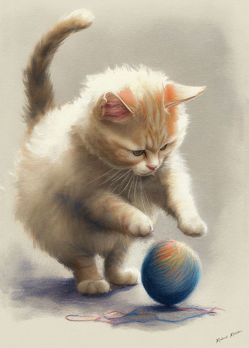 'Red cat jumps on ball' Poster, picture, metal print, paint by Mitoka ...