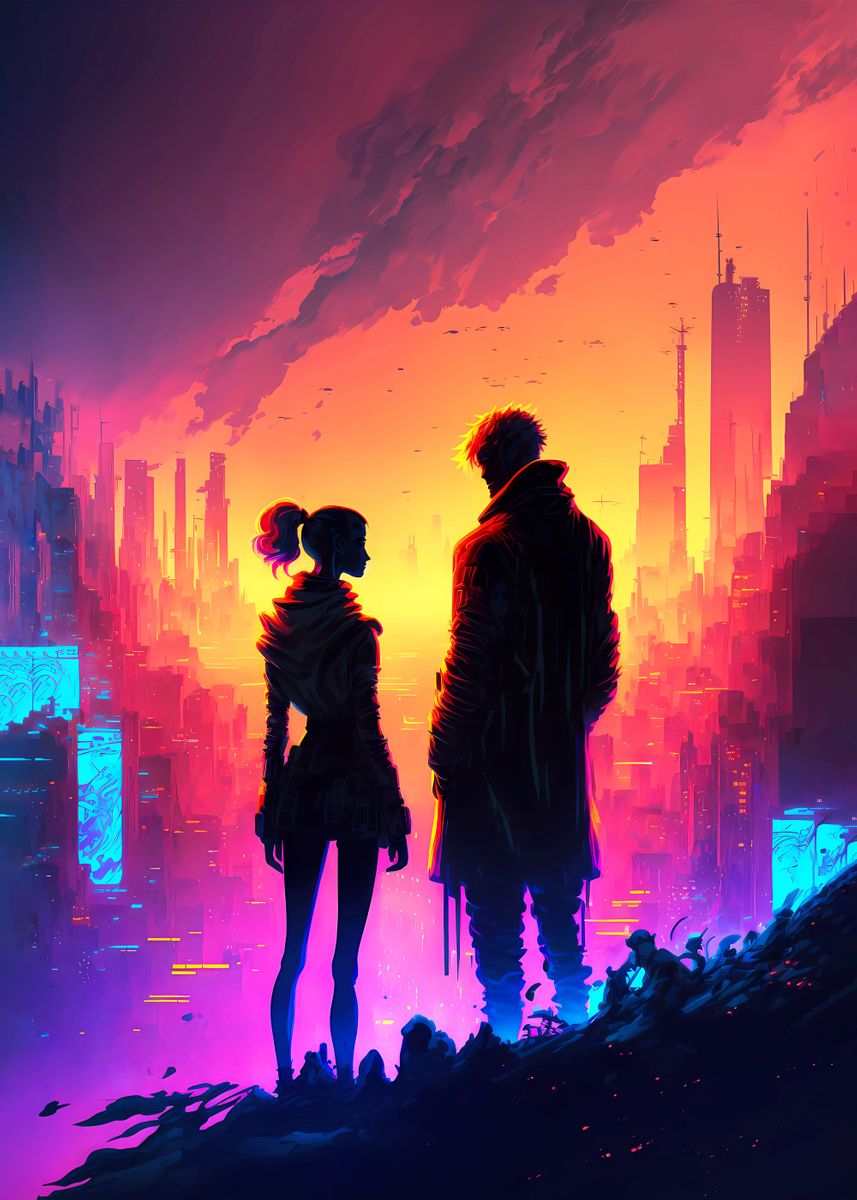 'Sunset Cyberpunk Landscape' Poster, picture, metal print, paint by ...