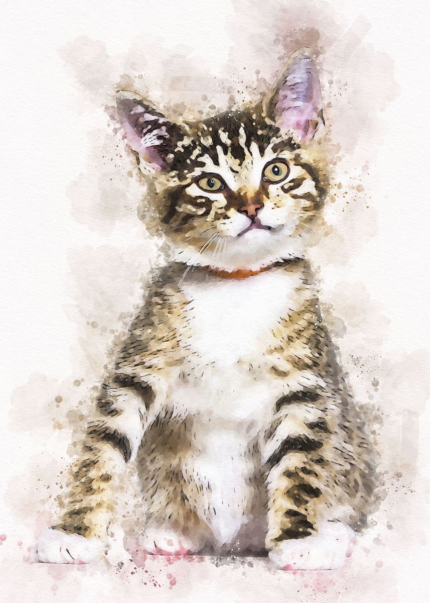'Cute Cat Watercolor' Poster, picture, metal print, paint by kun bin ...