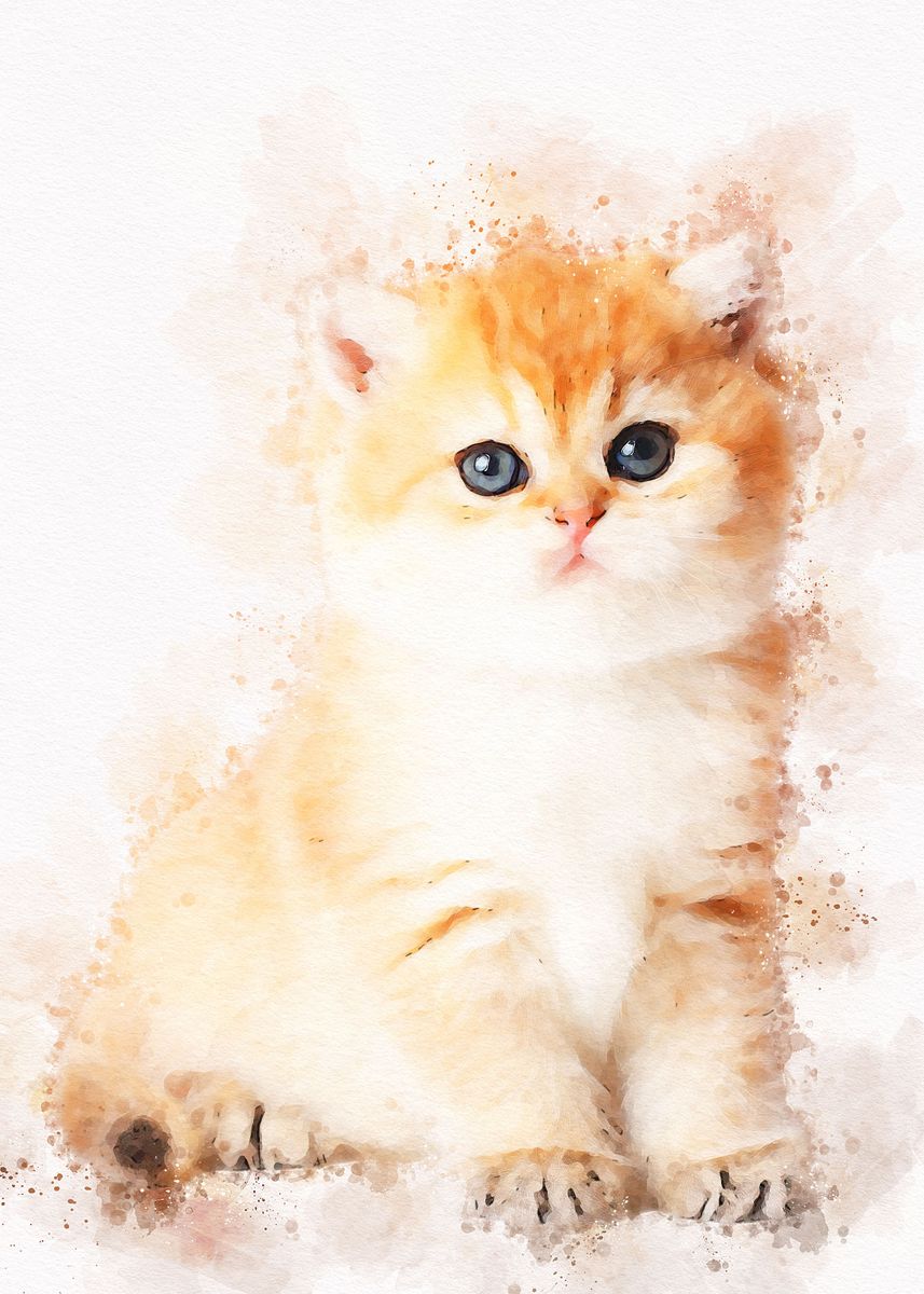 'Cute Cat Watercolor' Poster, picture, metal print, paint by kun bin ...