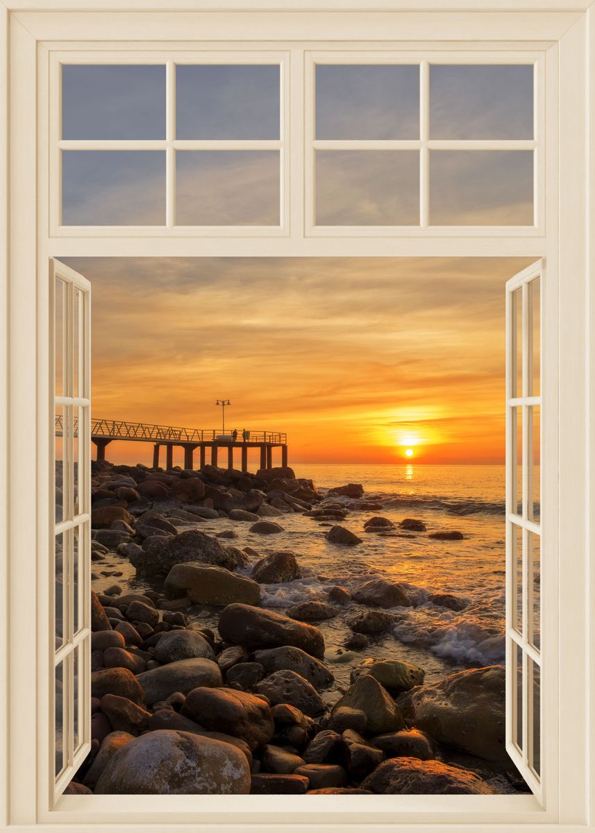 'Open window view sea beach' Poster, picture, metal print, paint by ...