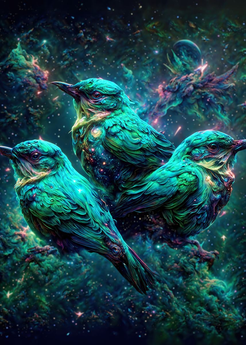 'Green Space Birds' Poster, picture, metal print, paint by DervlexArt ...