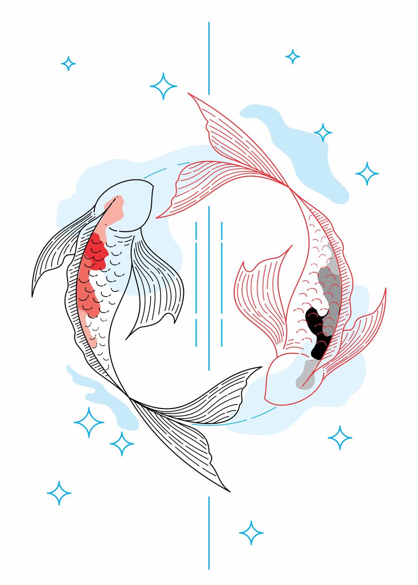 'KOI FISH CIRCLE LINE ART A' Poster, picture, metal print, paint by ...