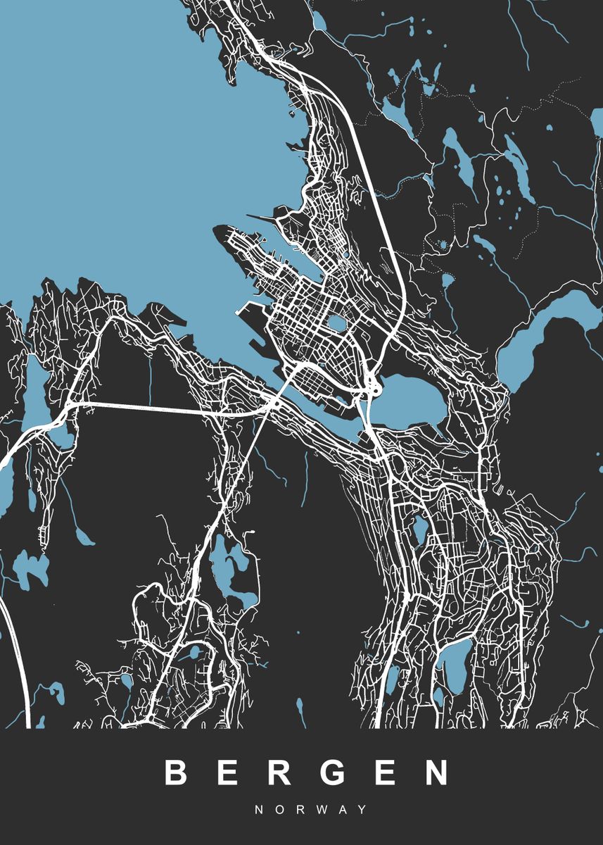 'Map BERGEN NORWAY' Poster, picture, metal print, paint by UrbanMaps ...