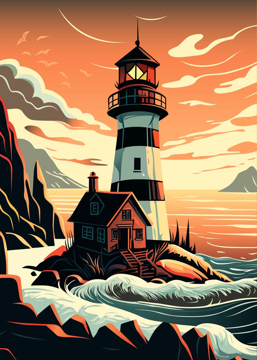 'Lighthouse sunset ' Poster, picture, metal print, paint by Giordano ...